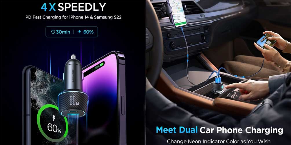 Joyroom JR-CCN01 USB-C & Type-C Car Charger with Light 60W